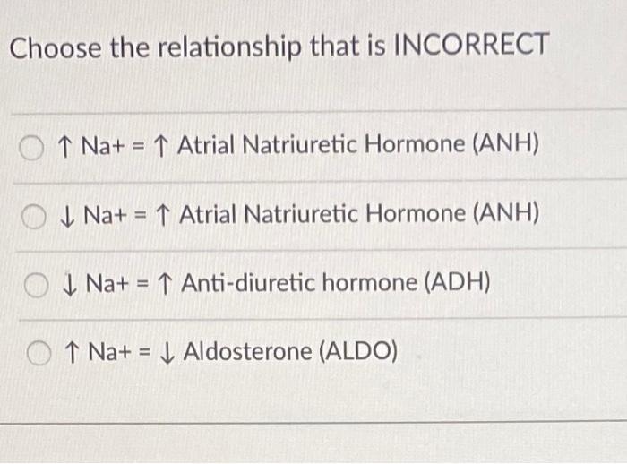 Solved Choose the relationship that is INCORRECT O 1 Na+ = 1 | Chegg.com