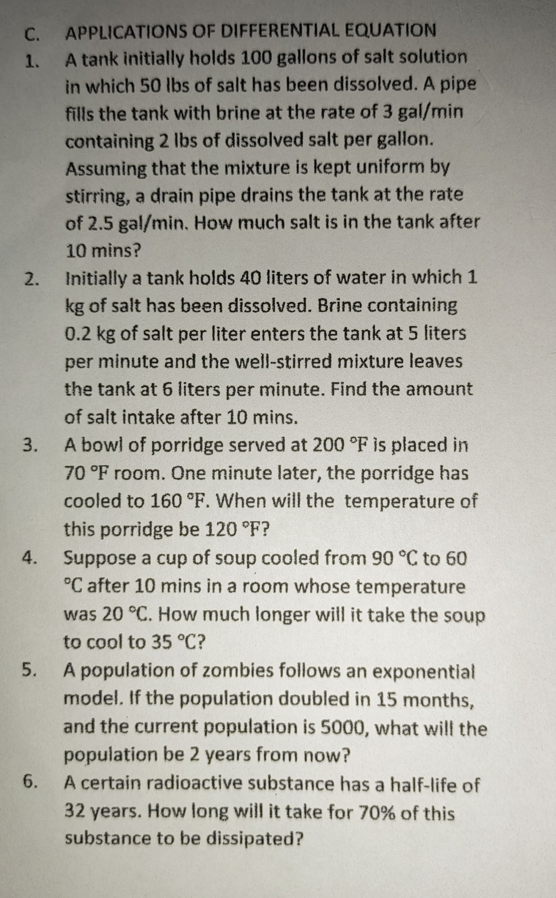 C. ﻿APPLICATIONS OF DIFFERENTIAL EQUATION1. ﻿A tank | Chegg.com