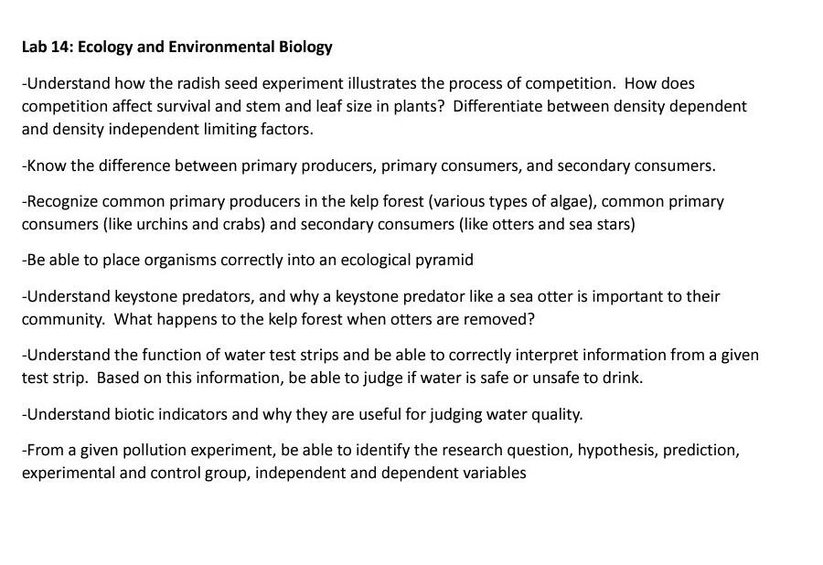 Solved Lab 14: Ecology and Environmental Biology -Understand | Chegg.com
