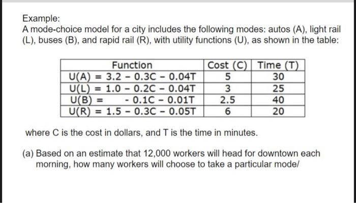 Solved Example: A mode-choice model for a city includes the | Chegg.com