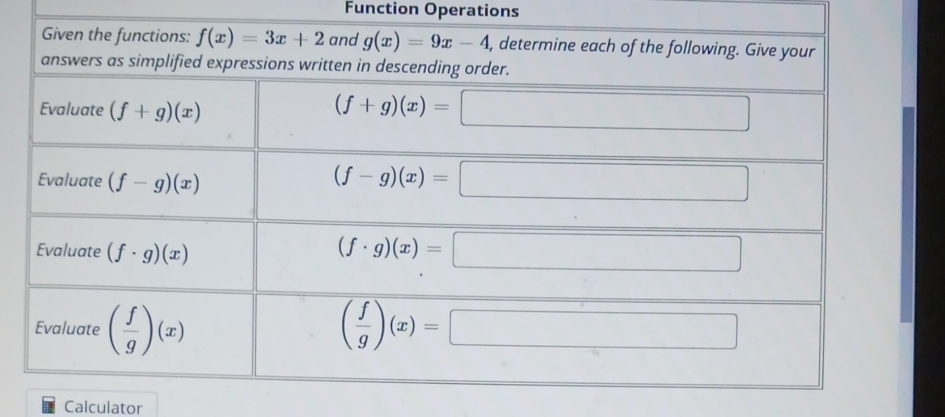 Solved Function Operations Given the functions: f(x)=3x+2 | Chegg.com