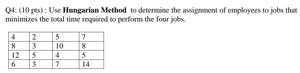 Solved Q4: (10 pts): Use Hungarian Method to determine the | Chegg.com
