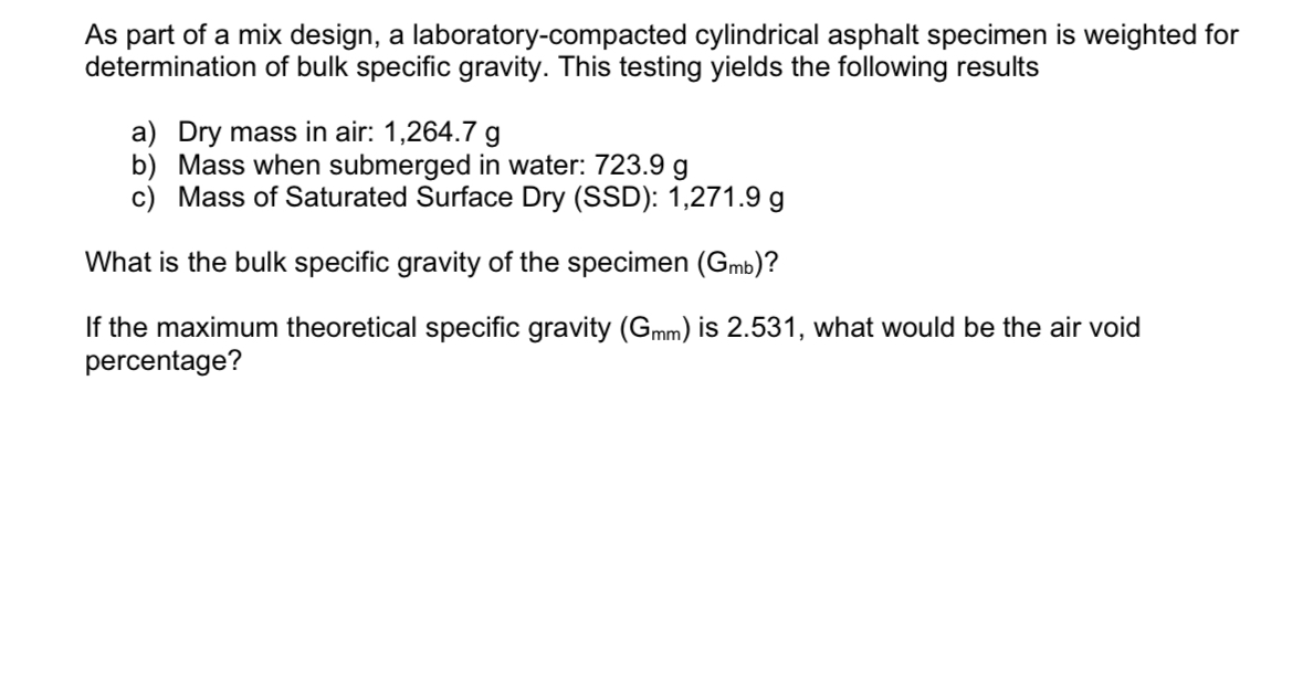 Solved As part of a mix design, a laboratory-compacted | Chegg.com