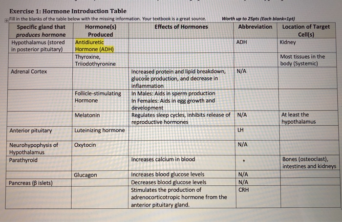 Solved Exercise 1: Hormone Introduction Table Fill in the | Chegg.com