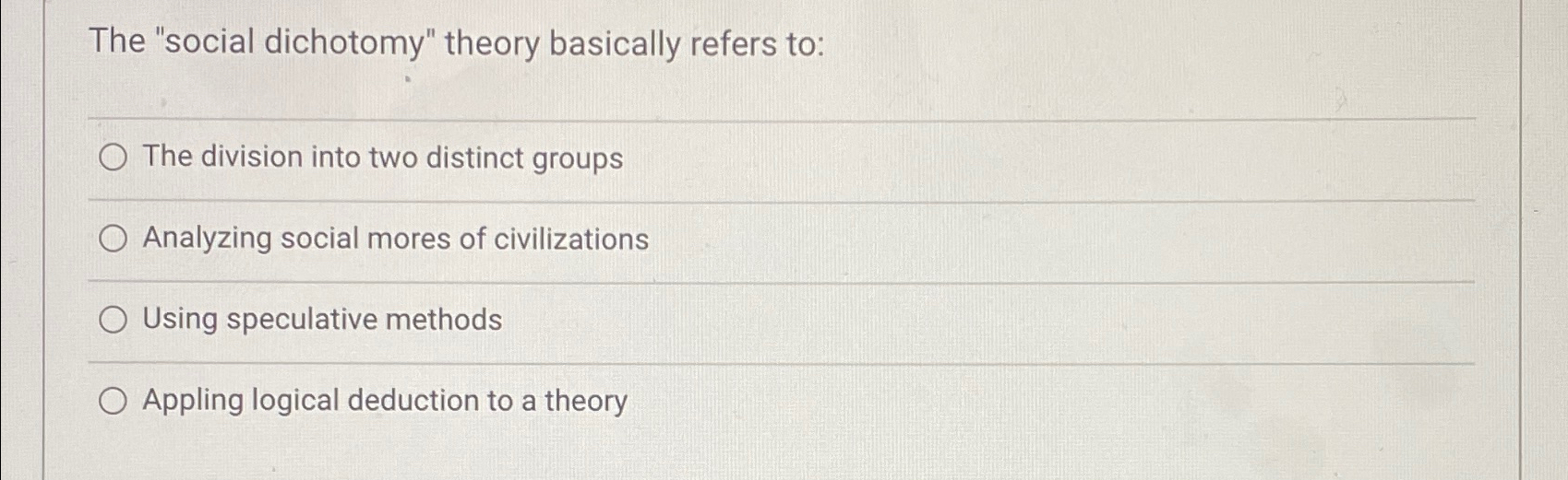 Solved The "social dichotomy" theory basically refers to:The | Chegg.com