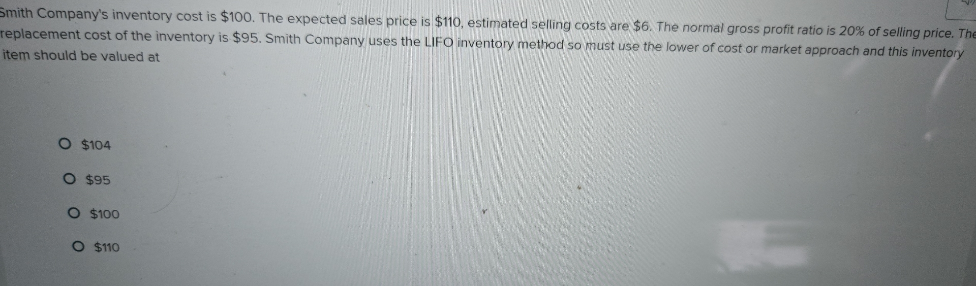 Solved S̈mith Company's inventory cost is $100. ﻿The | Chegg.com