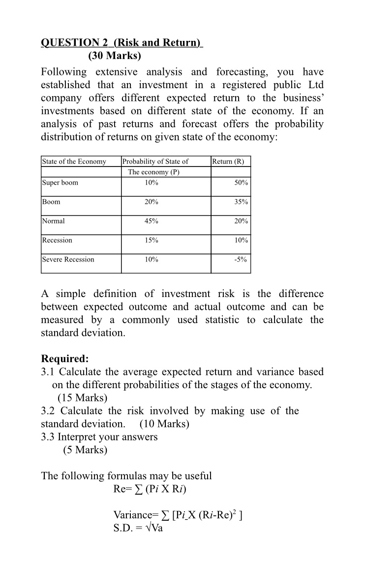 Solved QUESTION 2 (Risk and Return)(30 ﻿Marks)Following | Chegg.com