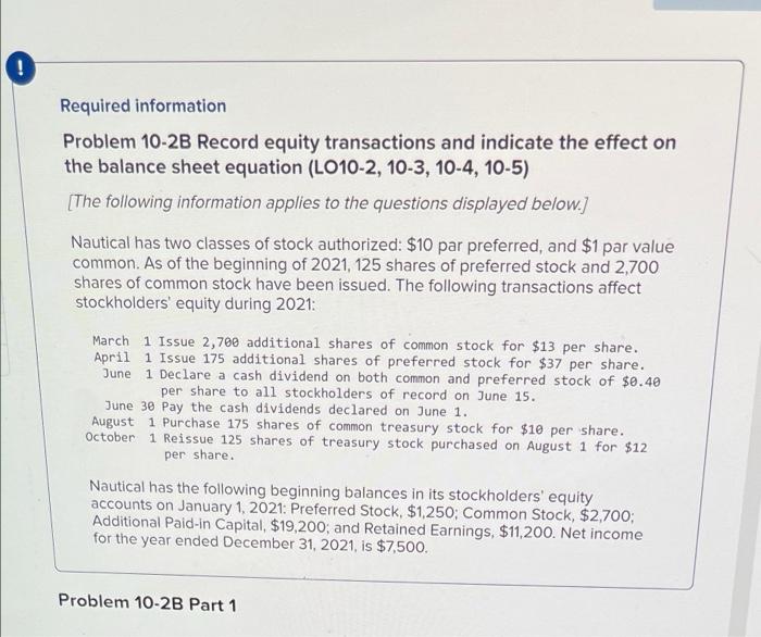 Solved Required information Problem 10-2B Record equity | Chegg.com