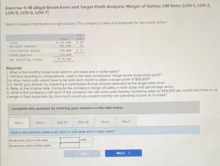 Solved Exercise 5-18 (Algo) Break-Even and Target Profit | Chegg.com