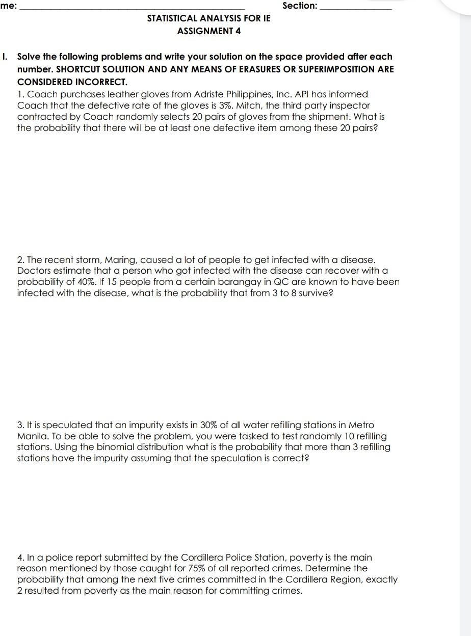 Solved I. Solve the following problems and write your | Chegg.com