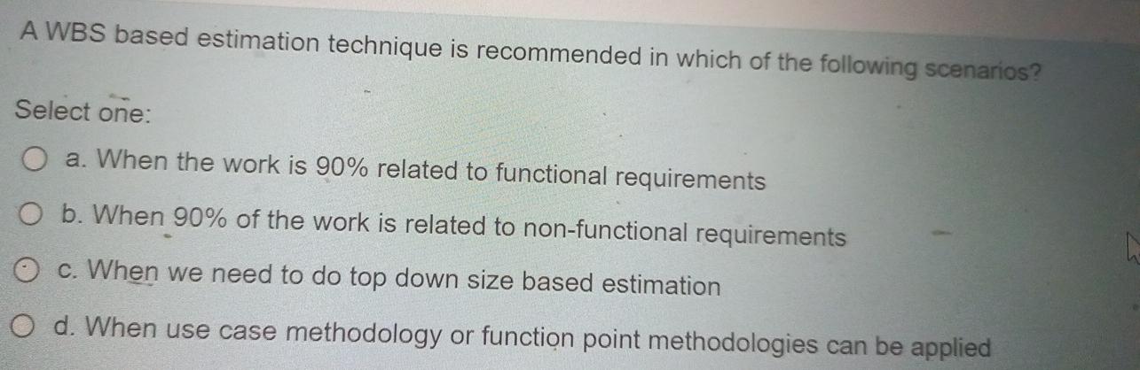 Solved A WBS based estimation technique is recommended in | Chegg.com