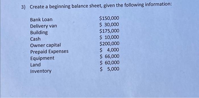 Solved 3) Create a beginning balance sheet, given the | Chegg.com