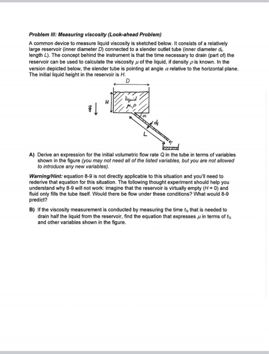 Problem III: Measuring viscosity (Look-ahead Problem) | Chegg.com