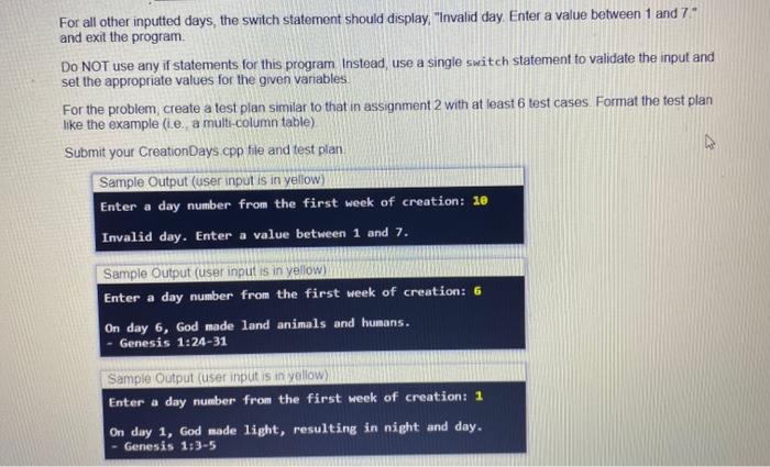 Solved For all other inputted days, the switch statement | Chegg.com