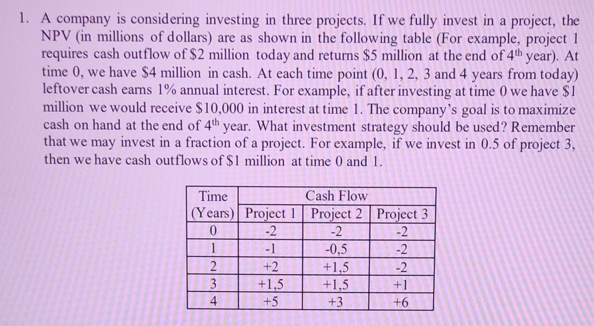 Solved 1. A company is considering investing in three | Chegg.com