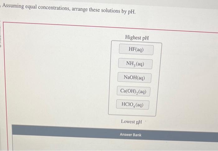 Solved Assuming equal concentrations, arrange these | Chegg.com Solved Assuming equal concentrations, arrange these | Chegg.com