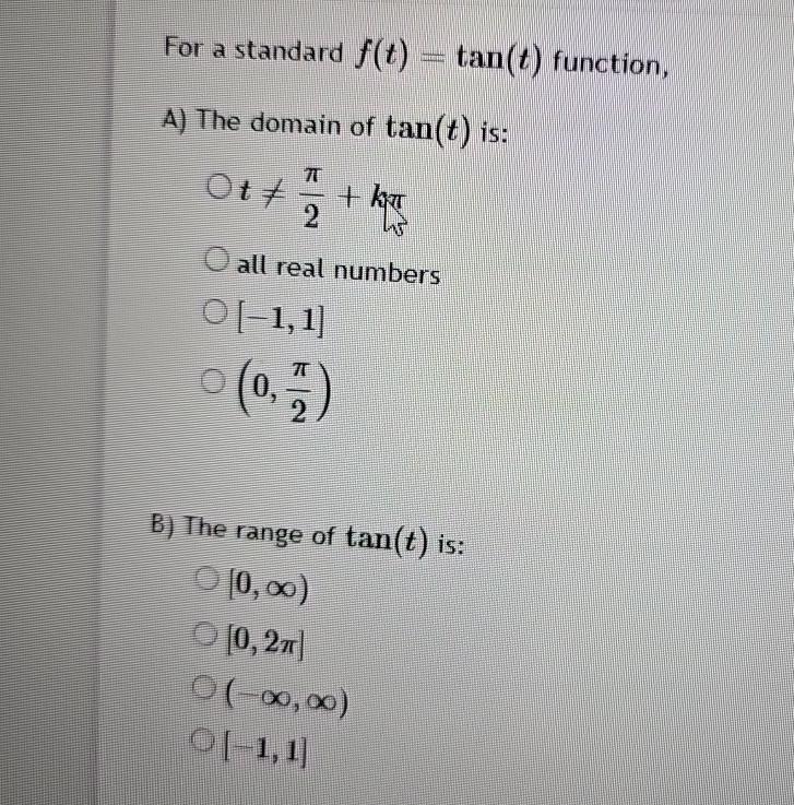 Solved For a standard f(t)=tan(t) ﻿function,A) ﻿The domain | Chegg.com