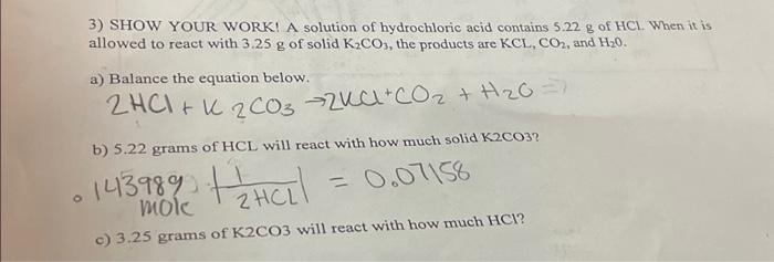 Solved 3) SHOW YOUR WORK! A solution of hydrochloric acid | Chegg.com