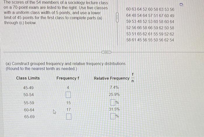 Solved The scores of the 54 members of a sociology lecture | Chegg.com