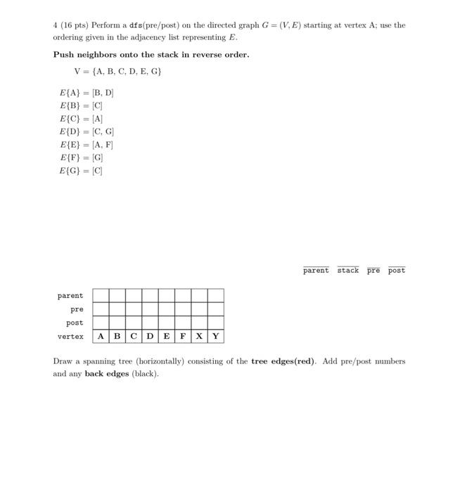 Solved 4 (16 pts) Perform a df s(pre/post) on the directed | Chegg.com