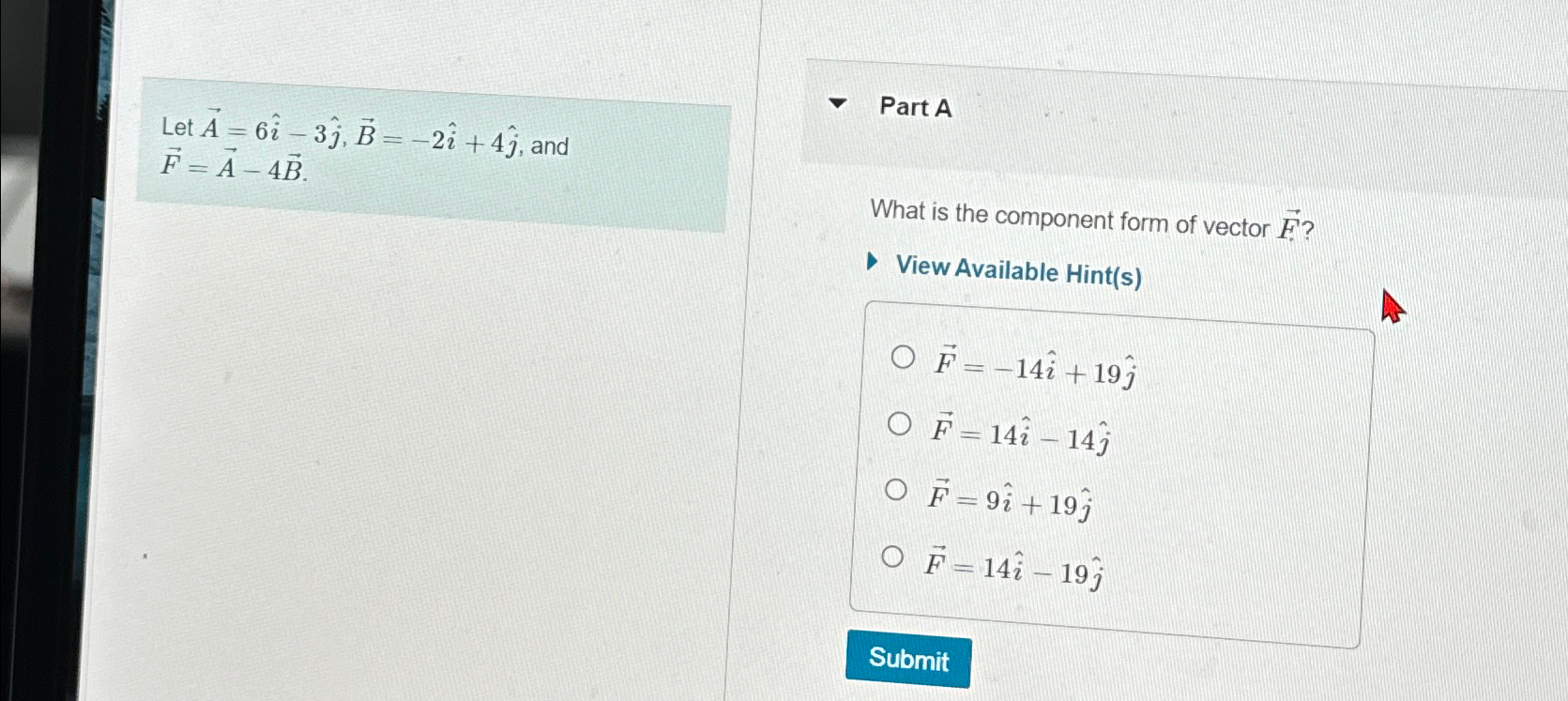 Solved Let vec(A)=6hat(i)-3hat(j),vec(B)=-2hat(i)+4hat(j), | Chegg.com