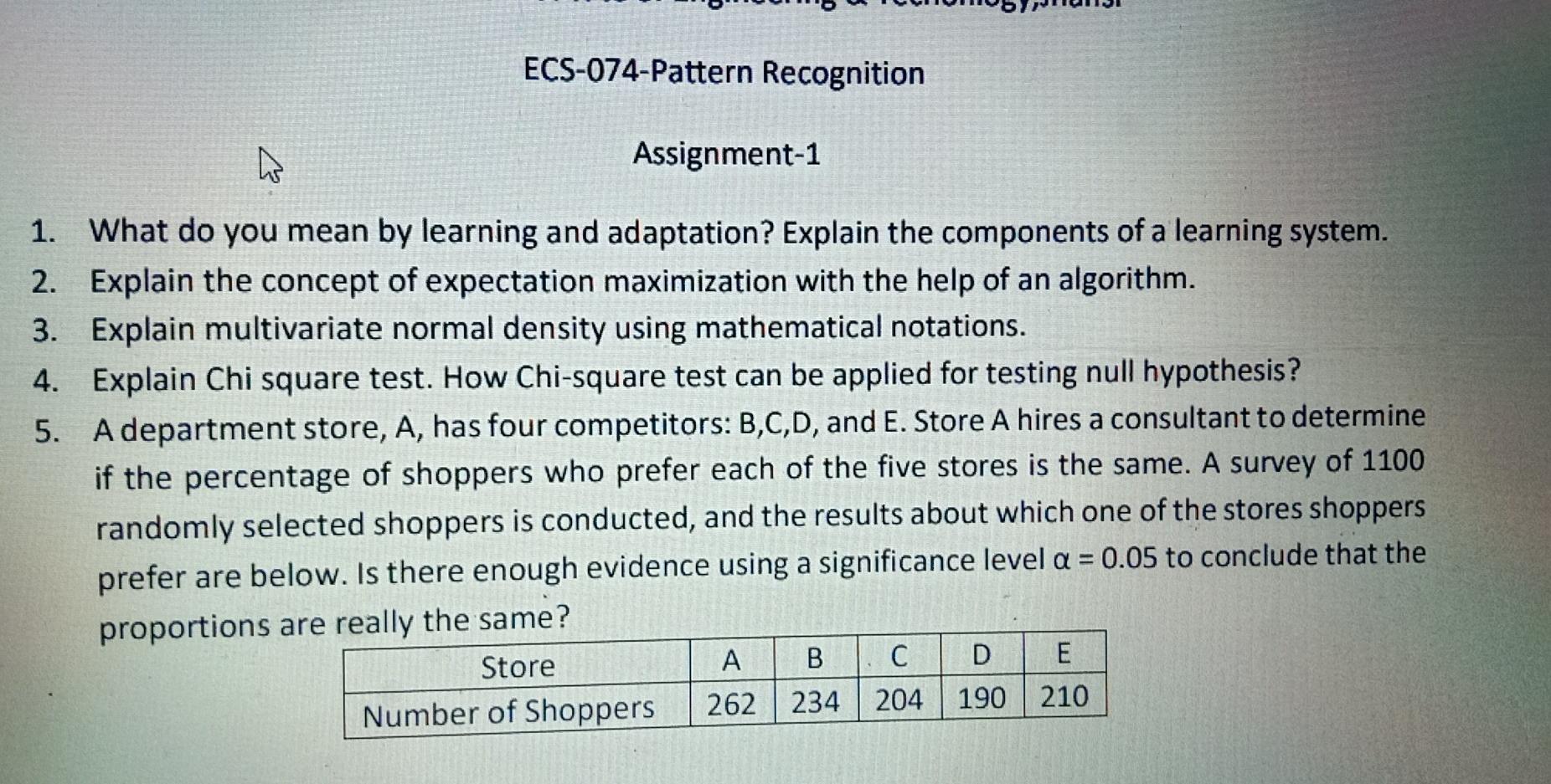 Solved ECS-074-Pattern Recognition w Assignment-1 1. What do | Chegg.com