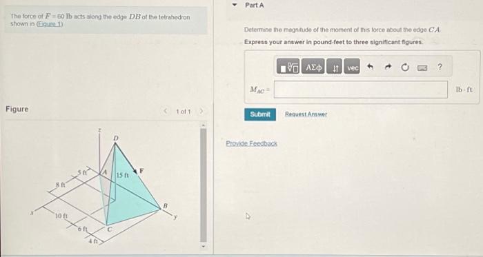 Solved The force of F= 60 lb acts along the edge DB of the | Chegg.com