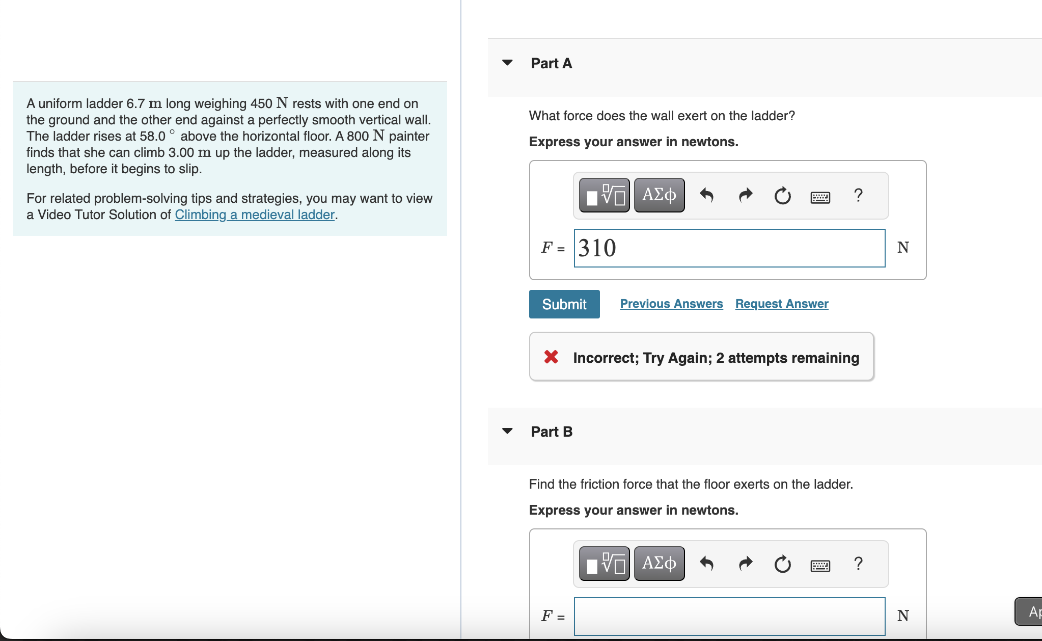 Solved Part AA uniform ladder 6.7 ﻿m long weighing 450 ﻿N | Chegg.com
