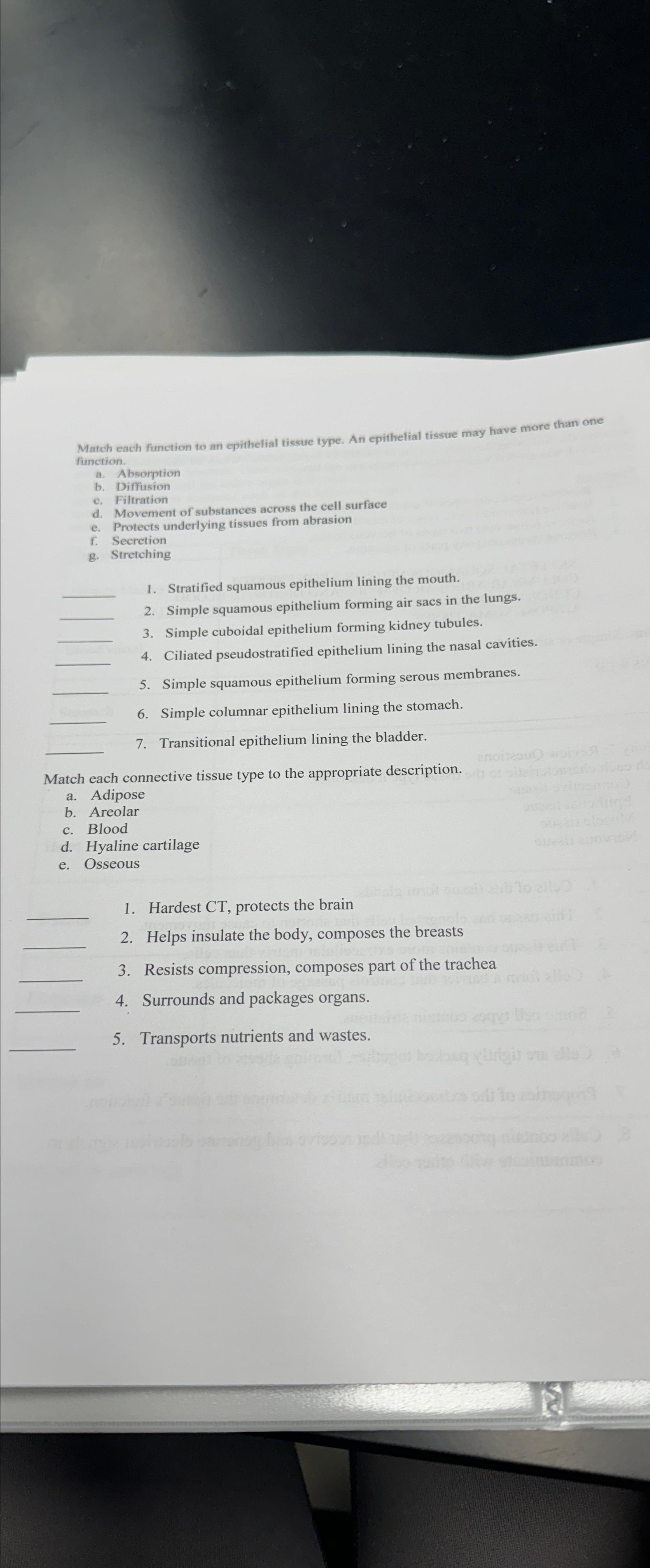 Solved Match each function to an epithelial tissue type. An | Chegg.com