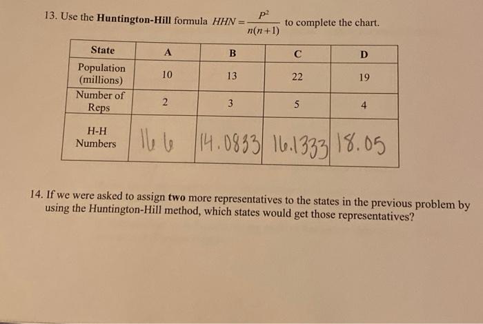 Solved 13. Use the Huntington-Hill formula HHN = P2 n(n+1) | Chegg.com
