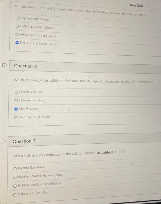 Take Quiz Which clause from the U.S. Constitution | Chegg.com