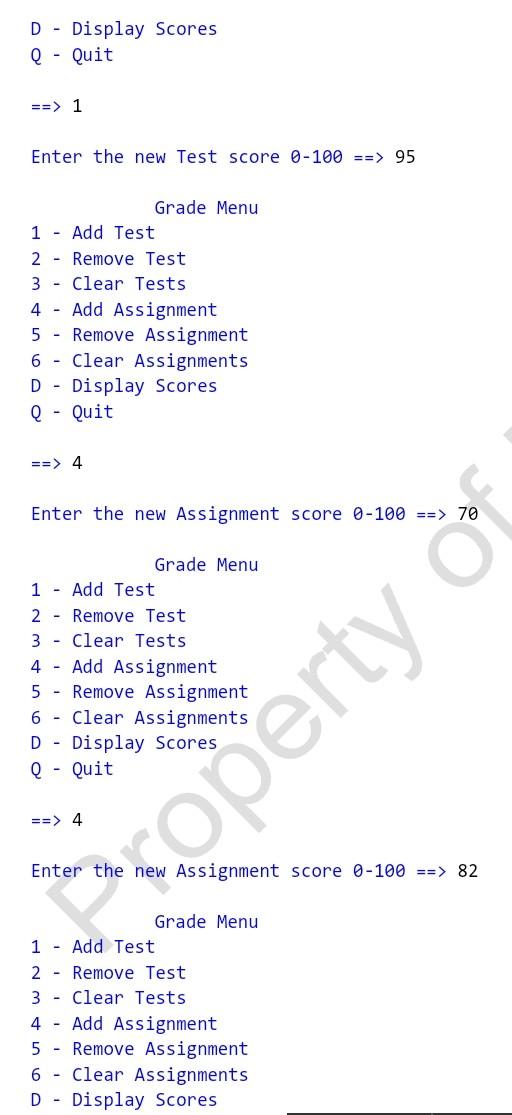 Solved Grade Menu 1 - Add Test 2 - Remove Test 3 - Clear | Chegg.com