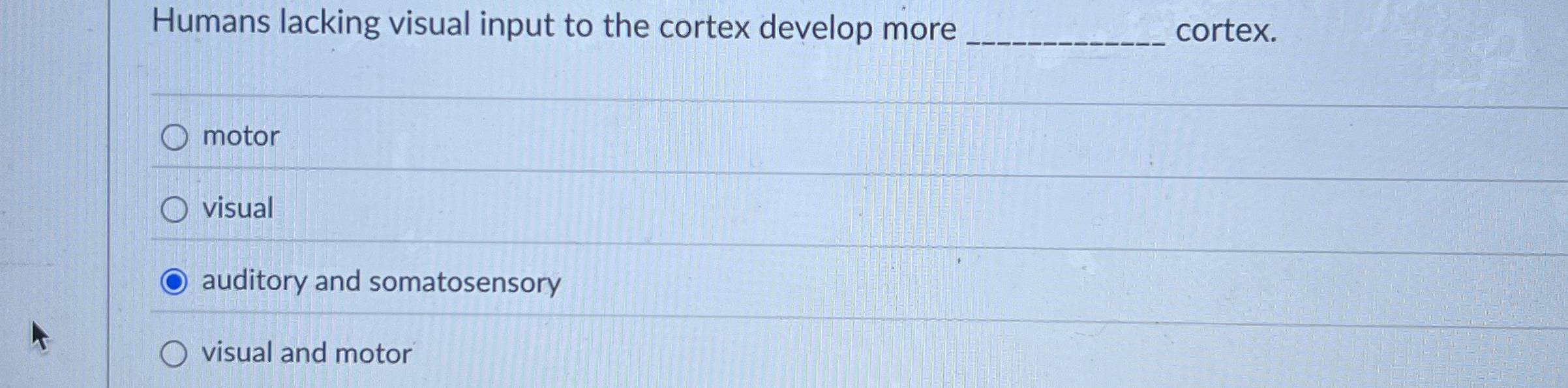Solved Humans lacking visual input to the cortex develop | Chegg.com