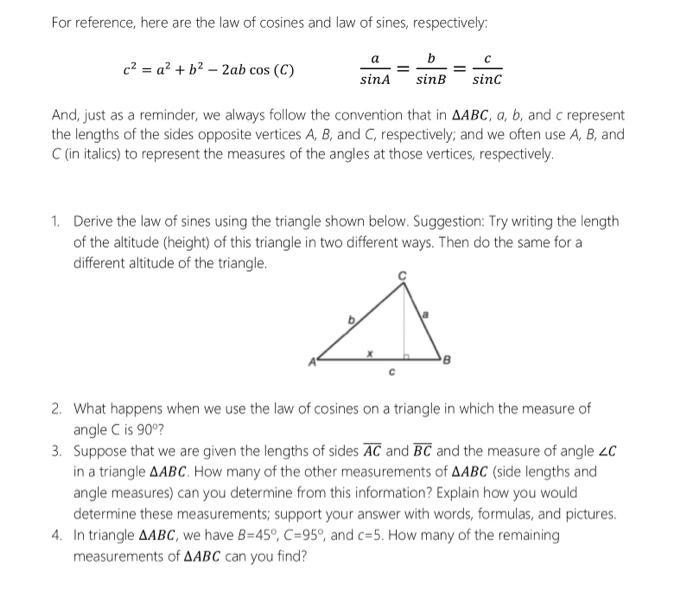 Solved For reference, here are the law of cosines and law of | Chegg.com