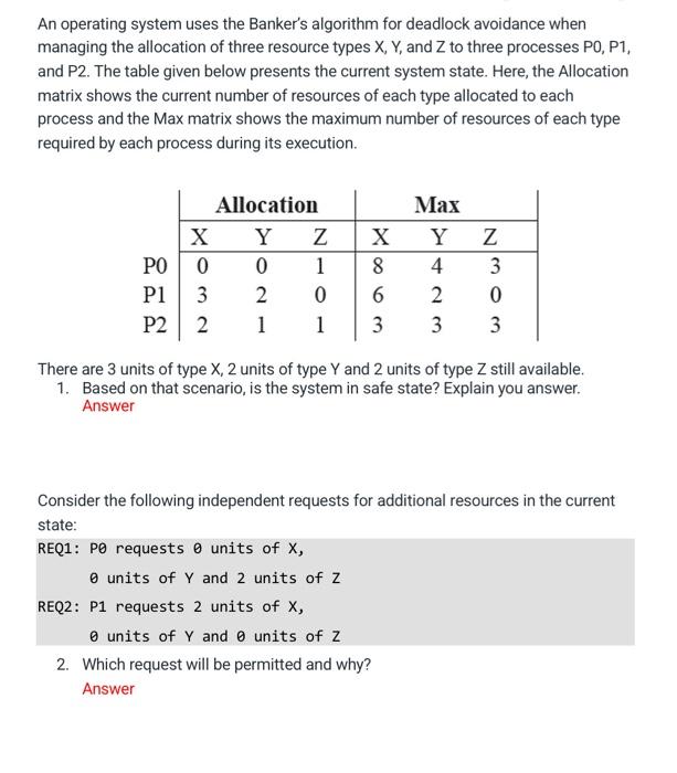 Solved An operating system uses the Banker's algorithm for | Chegg.com