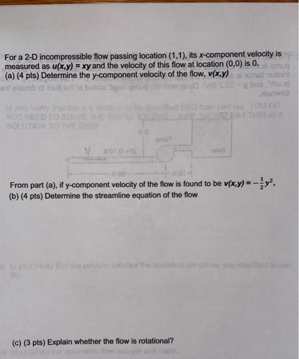 Solved For a 2-D incompressible flow passing location (1,1), | Chegg.com
