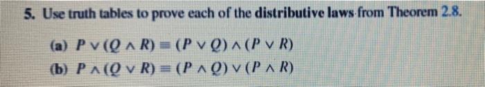 Solved 5. Use truth tables to prove each of the distributive | Chegg.com