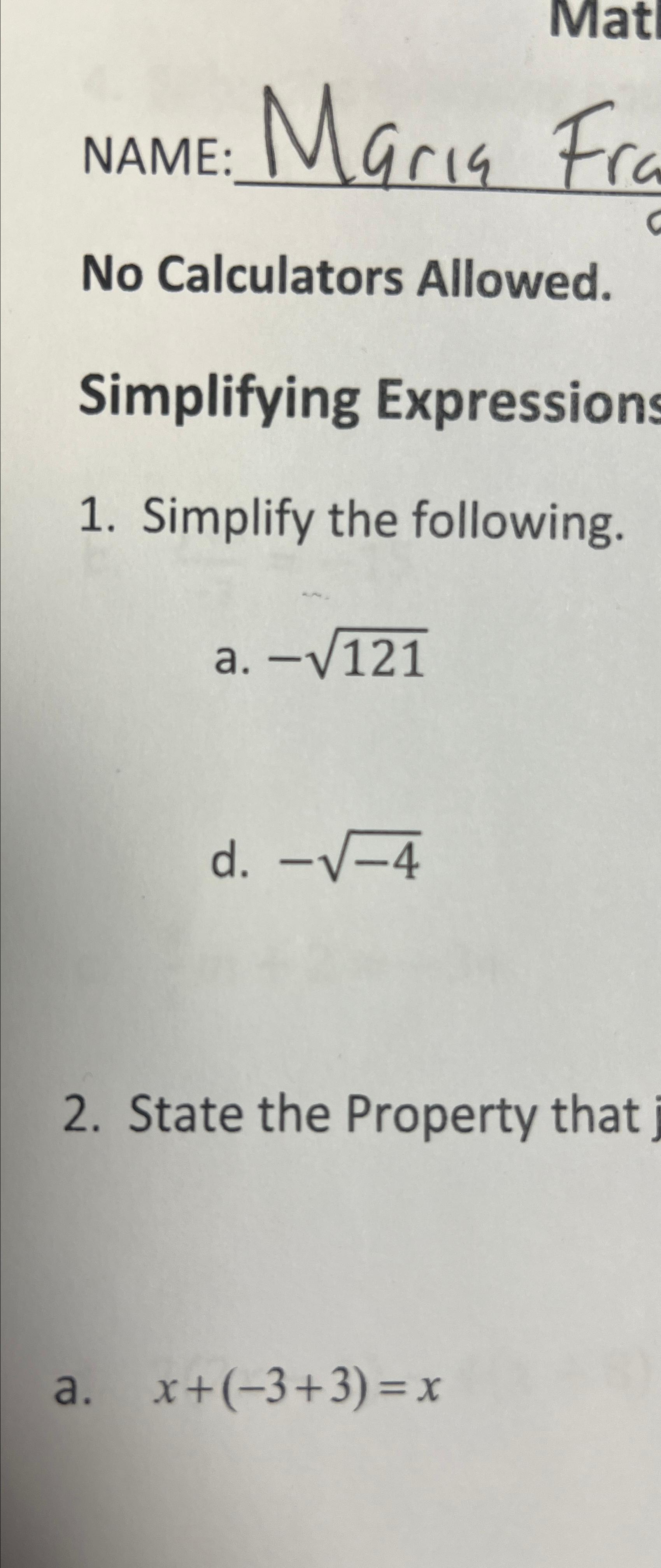 Solved NAME Maria FraNo Calculators Allowed.Simplifying | Chegg.com