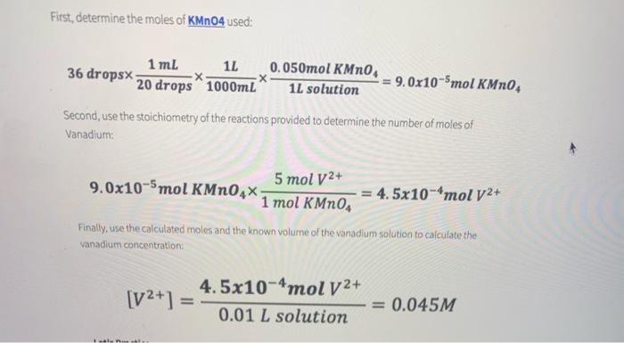 Solved First, determine the moles of KMnO4 used: 1 ml 36 | Chegg.com