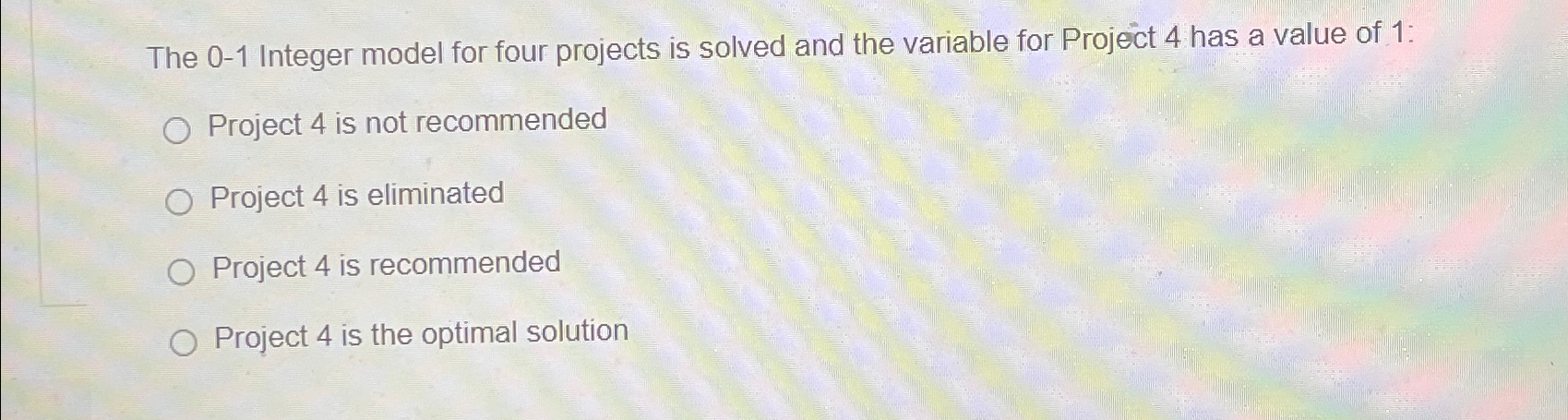 Solved The 0-1 Integer model for four projects is solved | Chegg.com Solved The 0-1 Integer model for four projects is solved | Chegg.com