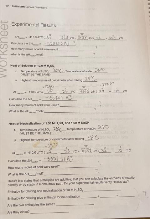 Solved Experimental Results Calculate the ΔHwin =−5281.02KJ | Chegg.com