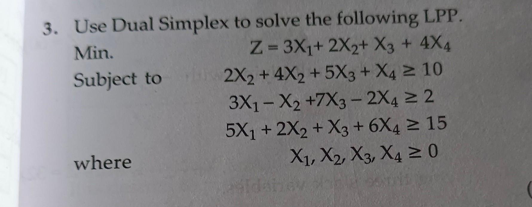 Solved 3. Use Dual Simplex to solve the following LPP. Min. | Chegg.com