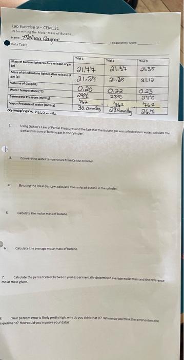 Lab Exercise 9-CEM131 Determining the Molar Mass of | Chegg.com