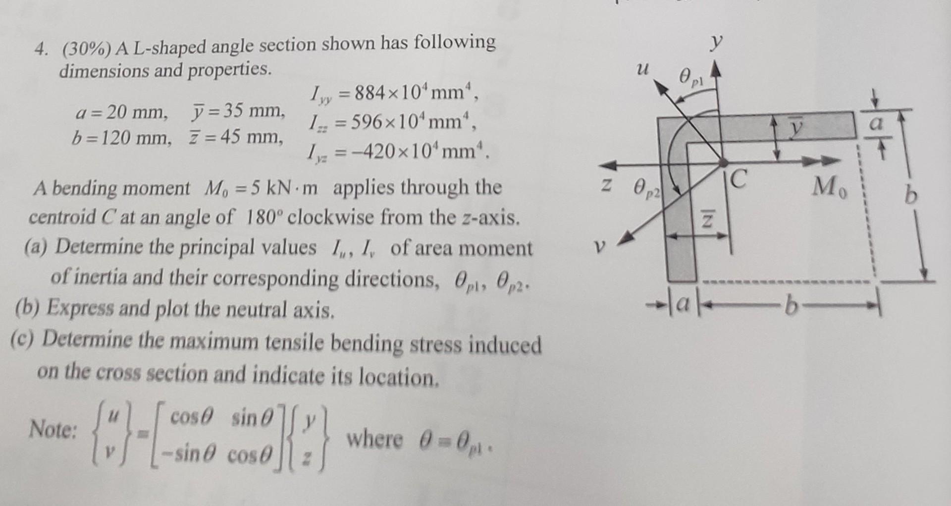 Solved 4. (30%)A L-shaped angle section shown has following | Chegg.com