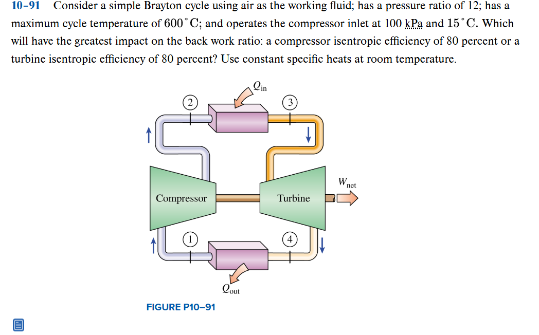 Solved 10-91 ﻿Consider a simple Brayton cycle using air as | Chegg.com