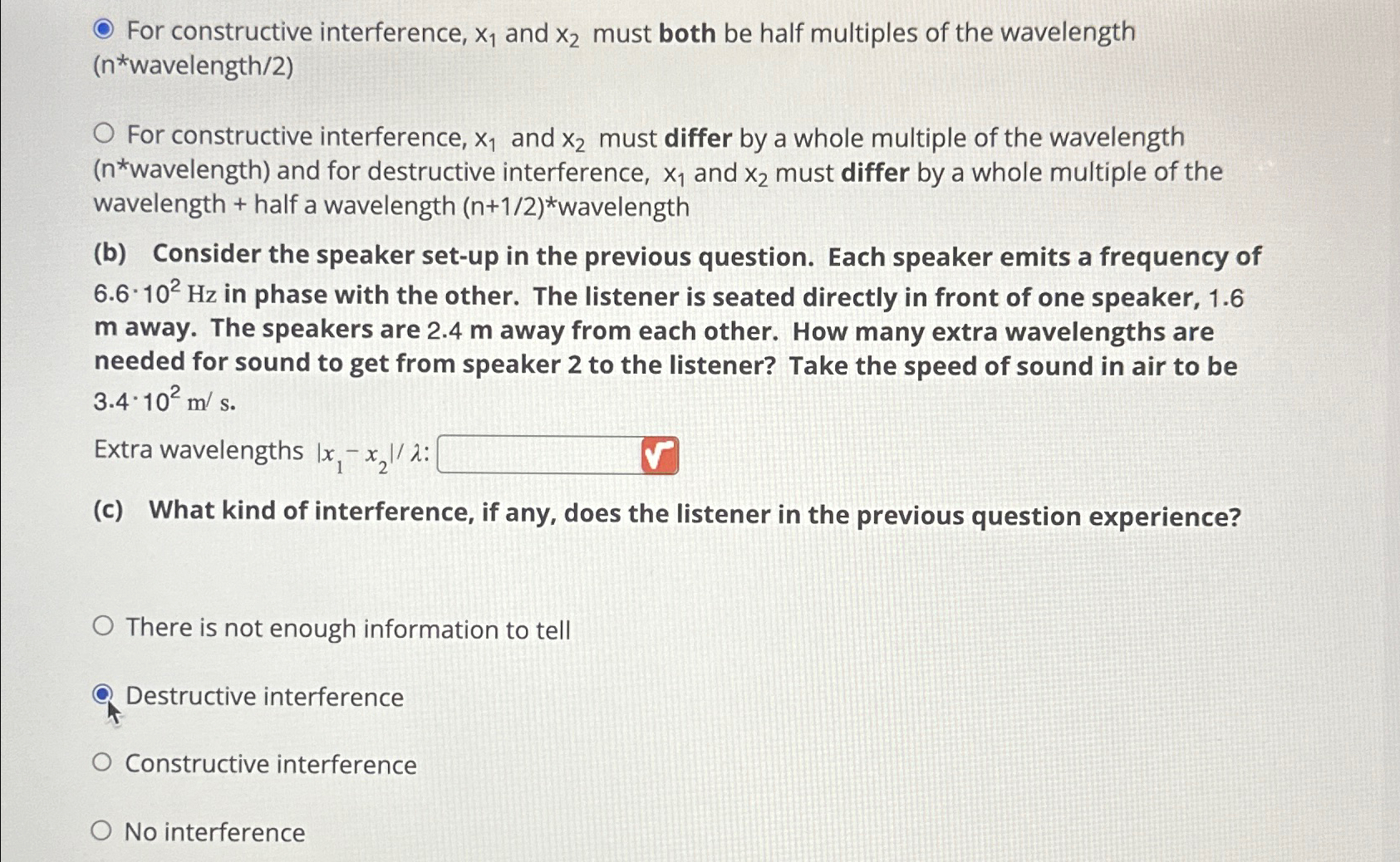 Solved For constructive interference, x1 ﻿and x2 ﻿must both | Chegg.com