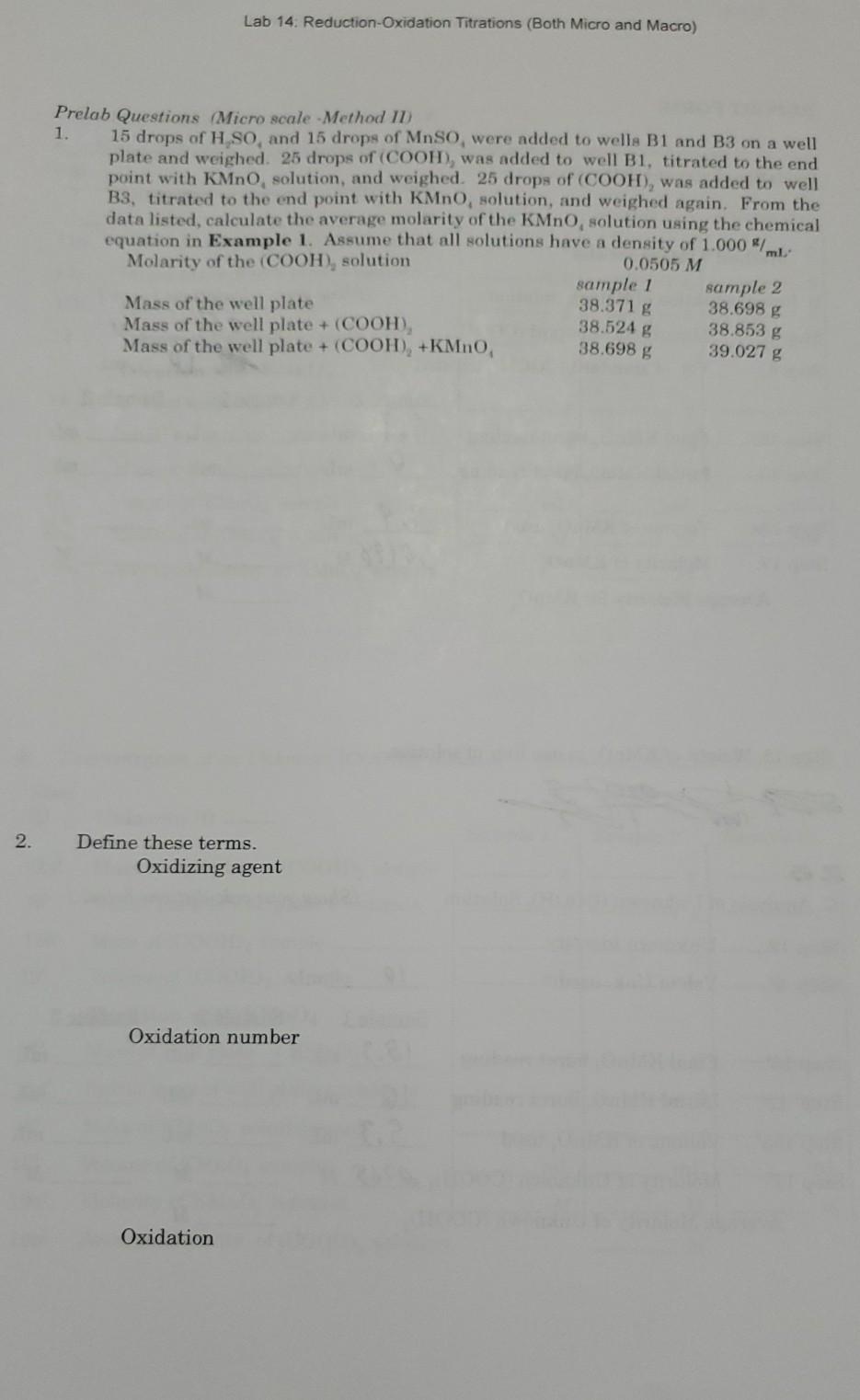 Solved Lab 14: Reduction-Oxidation Titrations (Both Micro | Chegg.com