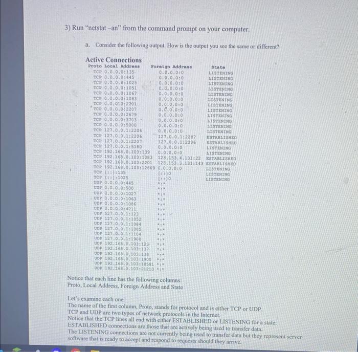 Solved 3) Run "netstat -an" from the command prompt on your | Chegg.com