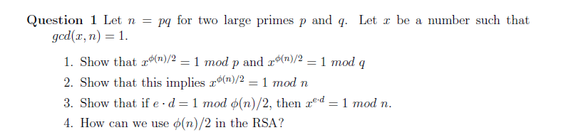 Solved Let n = pq ﻿for two large primes p ﻿and q. ﻿Let x be | Chegg.com