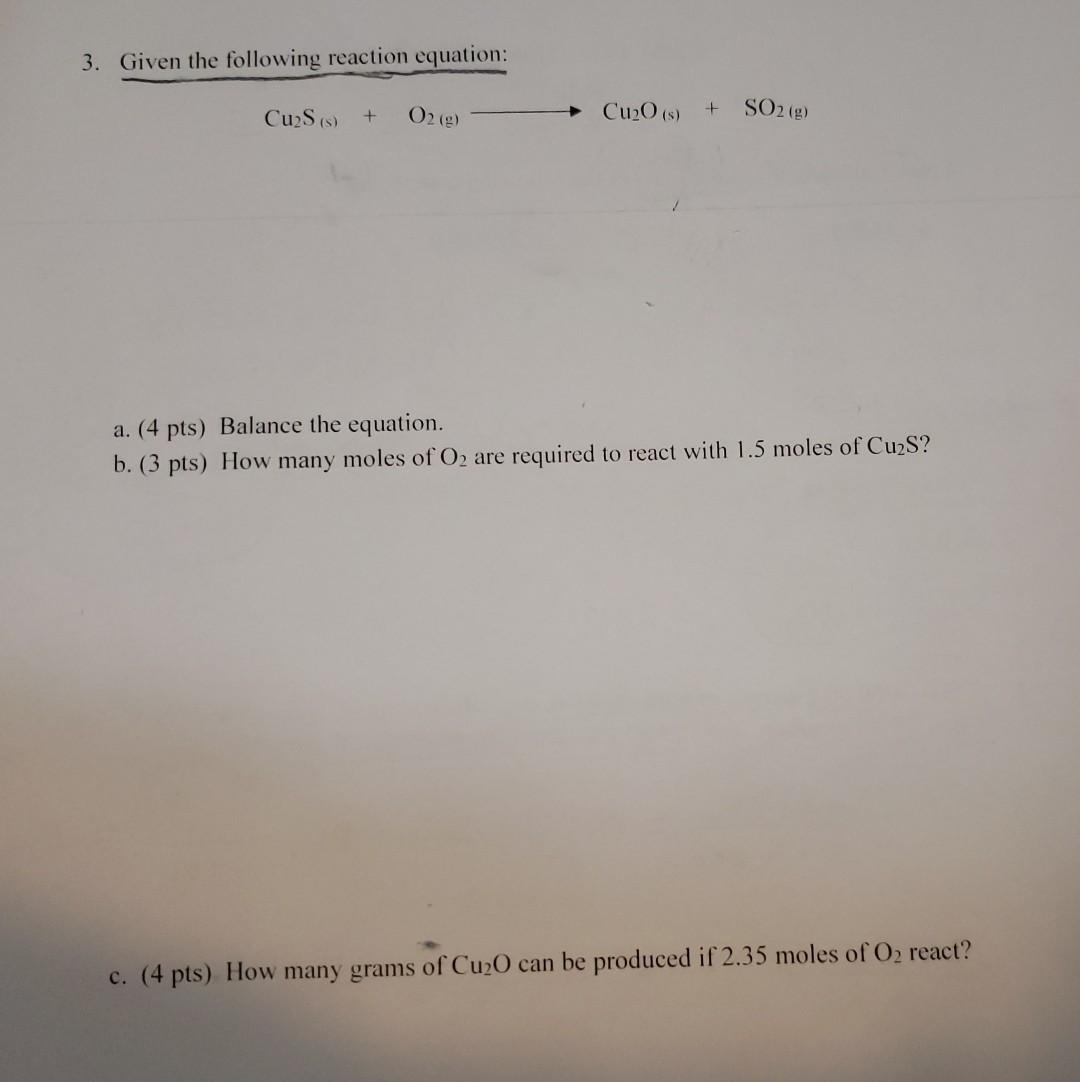 Solved 3. Given the following reaction equation: Cu2 | Chegg.com